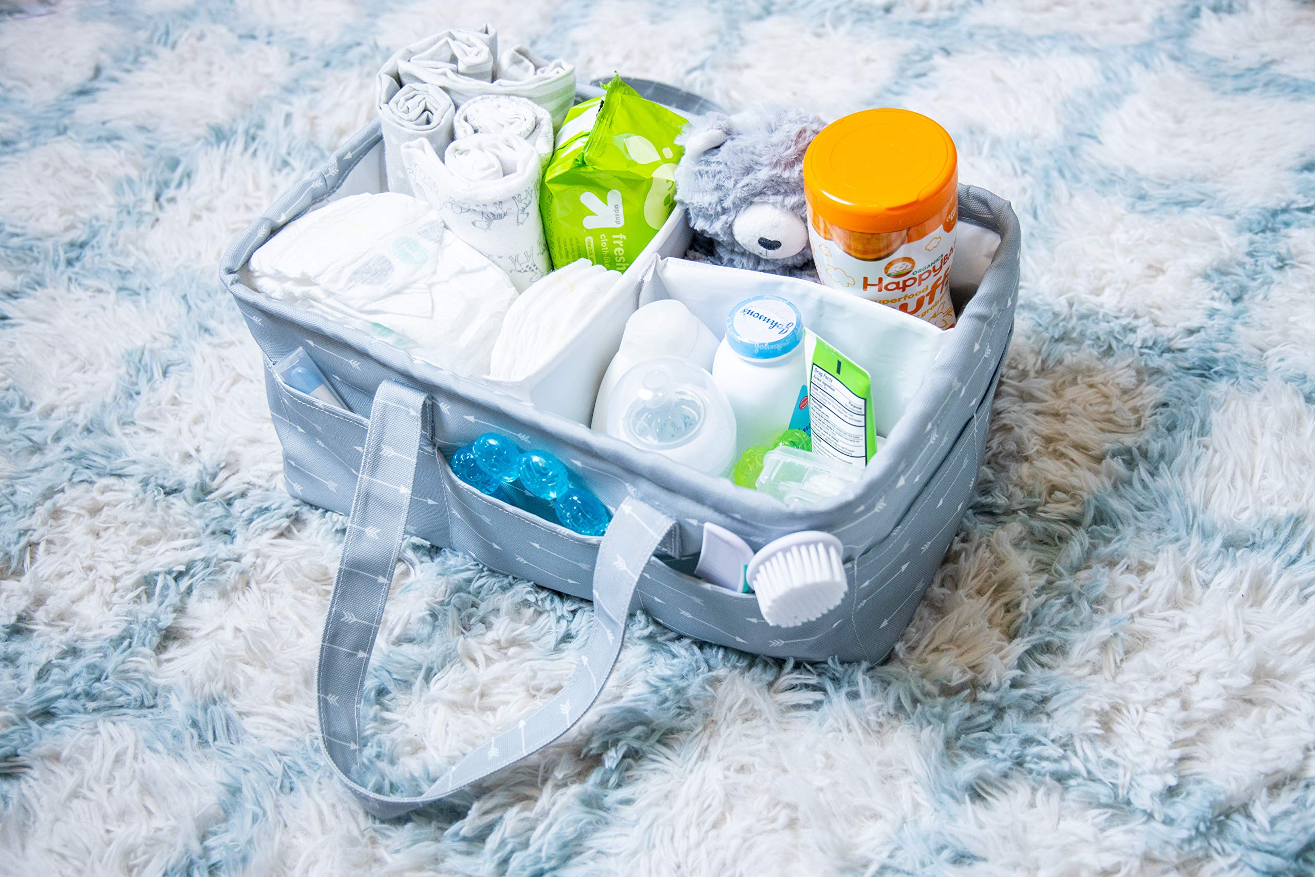 Gray Baby Diaper Caddy Organizer - | Large Gray Nursery Storage Bin for Changing Table | Shower Gift Basket | Car Travel Tote Bag | Newborn Registry Must Have