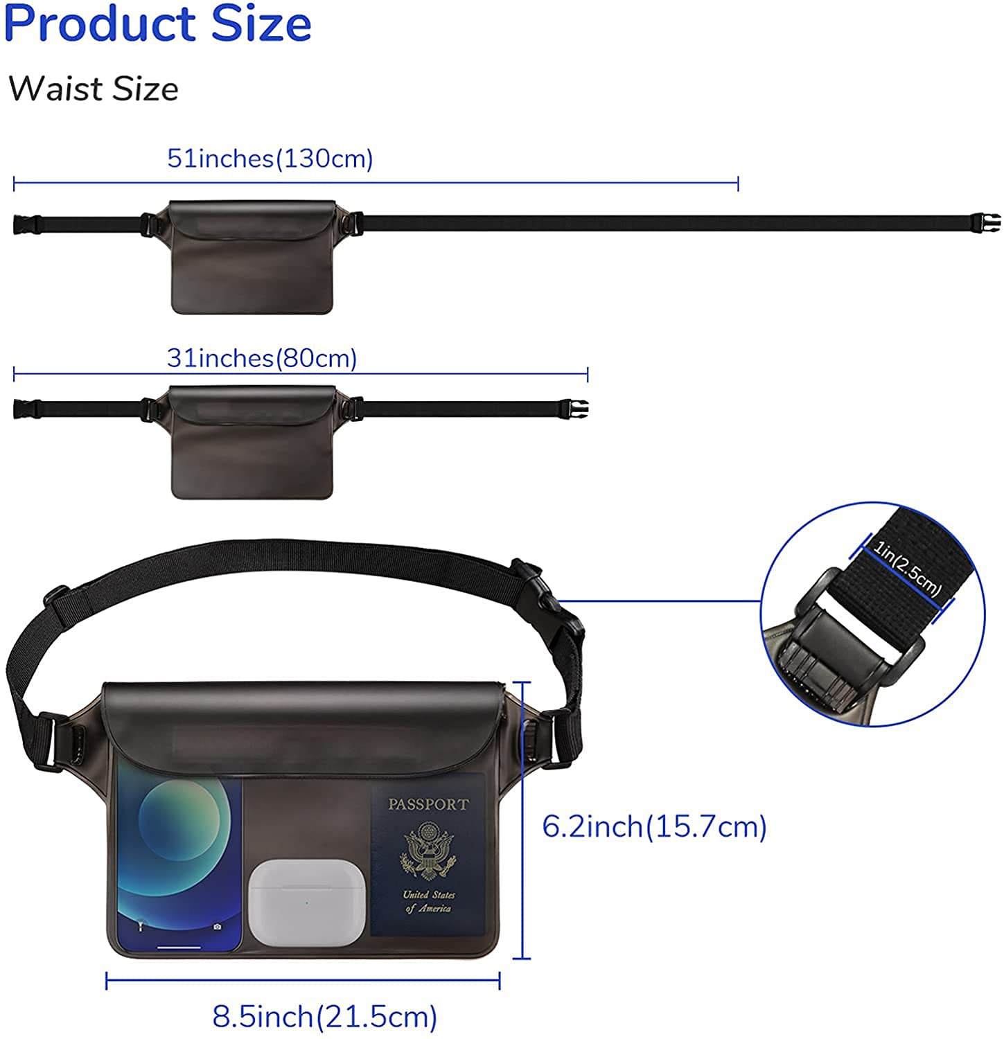 GLBSUNION IPX8 Waterproof Pouch Bag with Adjustable Waist Strap-Screen Touchable Dry Bag with Adjustable Belt for Phone Valuables for Beach Swimming Snorkeling Boating Fishing Kayaking (2 Pack)