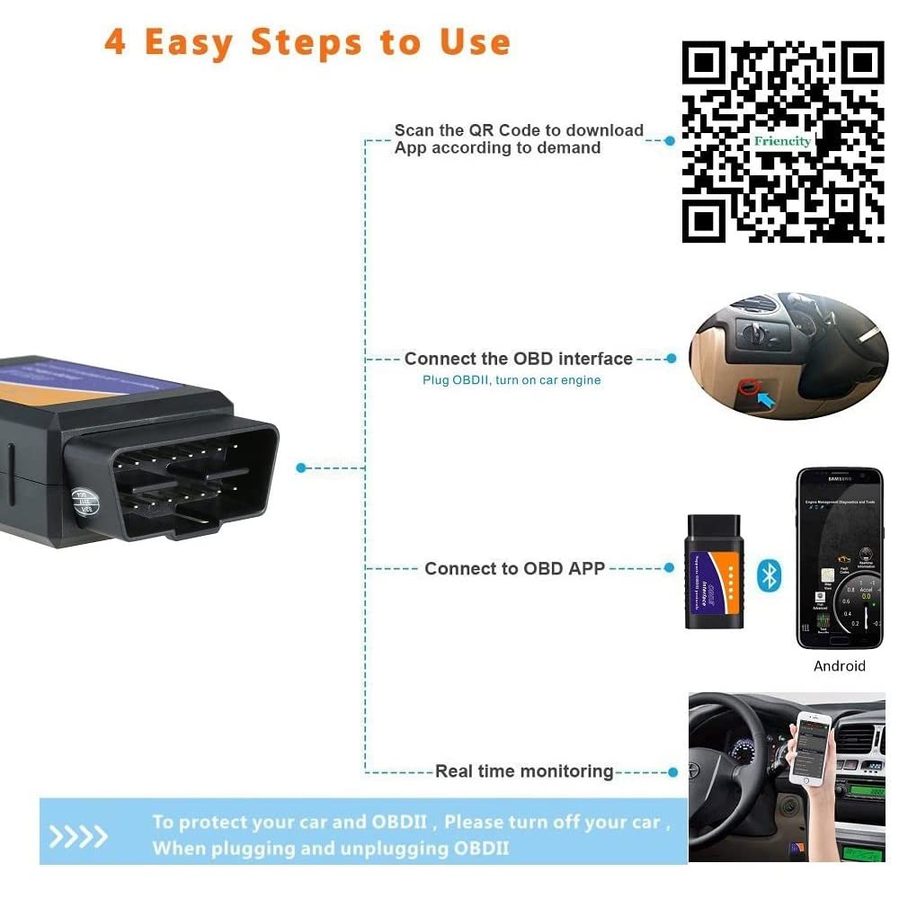 Friencity Bluetooth Car OBD2 Scanner Adapter, Vehicle Engine Code Reader for Car Diagnostic Scan Tool Check Engine Light, Compatible with Android & Windows Devices, NOT for iOS