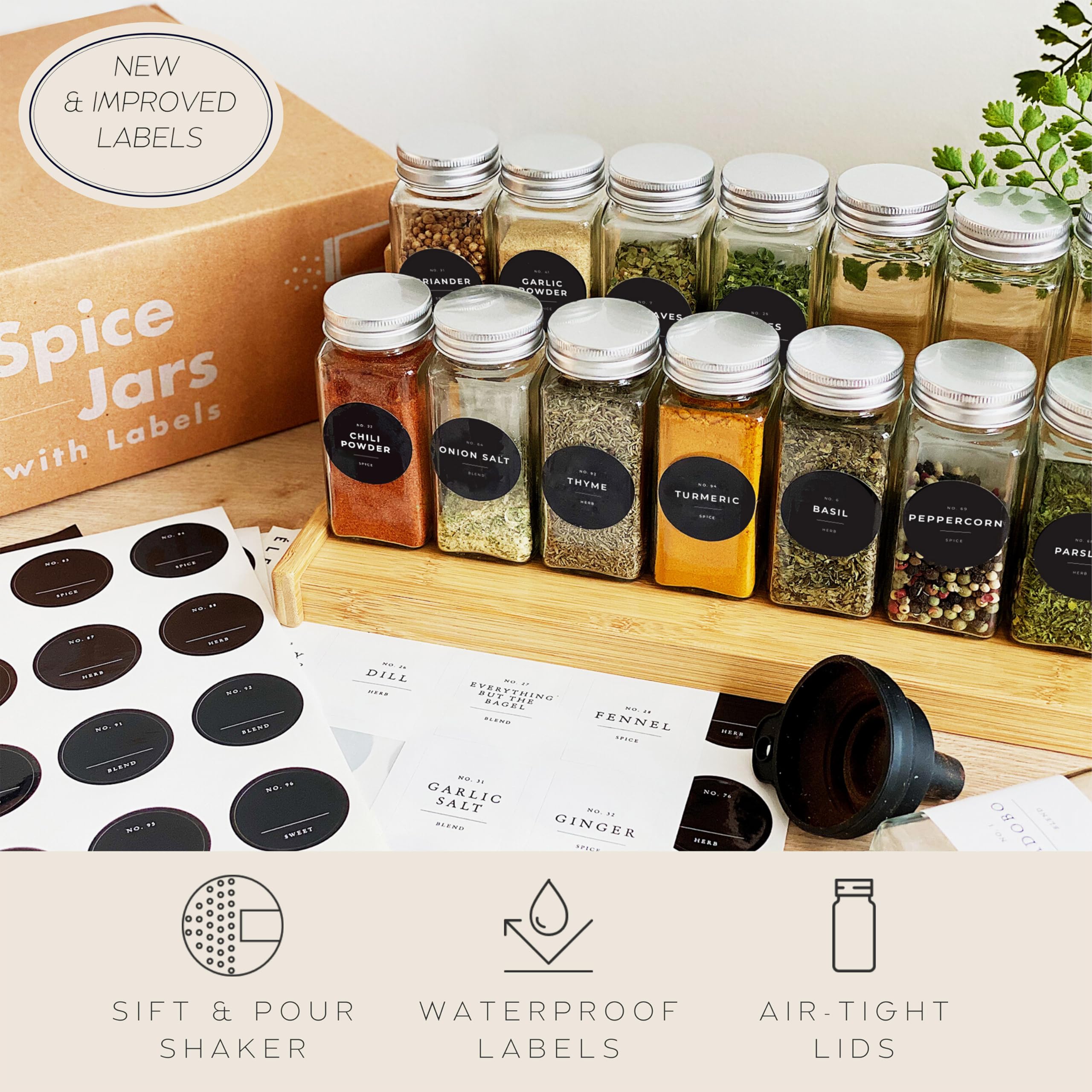 Glass Spice Jars with Label and Organizer - Minimalist Collection - Clear Empty 4 oz Spice Jars with Labels, Spice Seasoning Containers Jars with Labels, Small Spice Bottles Jars Set with Shaker Lids