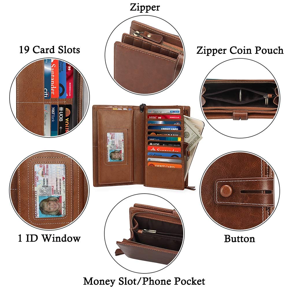FT FUNTOR Women's Big Fat RFID Blocking Wallet Leather Zip Around Clutch Large Purse Phone Organizer Wristlet green