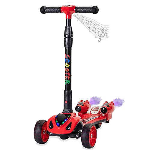 FOREVIVE Children's Scooter 3-Wheel Scooter with Colorful LED Flash Wheel, Music, Spray Steam, Foldable, Height-Adjustable, Suitable for Children Aged 3-12 (Red)