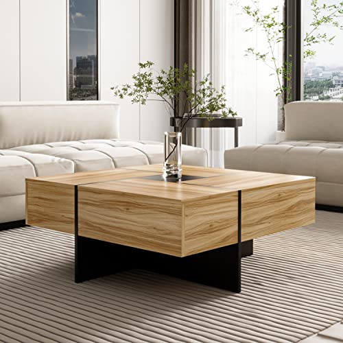 Furnnylane Modern Coffee Table with 4 Drawers,Square Coffee Table with Storage for Living Room,Oak,31.5" D x 31.5" W x 13.8" H