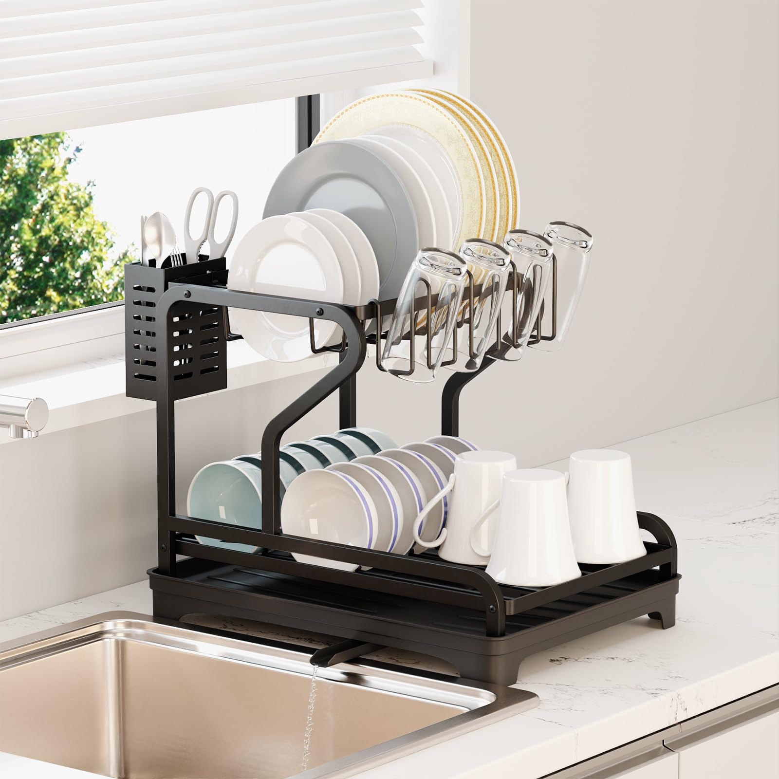 HORIAMIT Dish Drying Rack for Countertop, Large 2-Tier Rustproof Dish Rack with Drainboard, Glass Holder, Utensil Holder