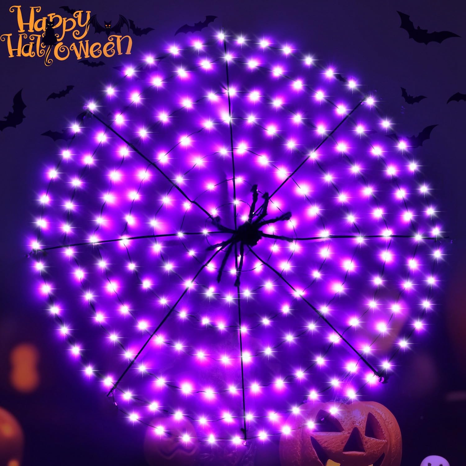 Halloween Decorations Outdoor 6.6ft Large Round Spider Web with 210 LED and Scary Black Spider,Super Bright 8 Modes Halloween Lights for Home Window Wall Garden Yard Party Decor