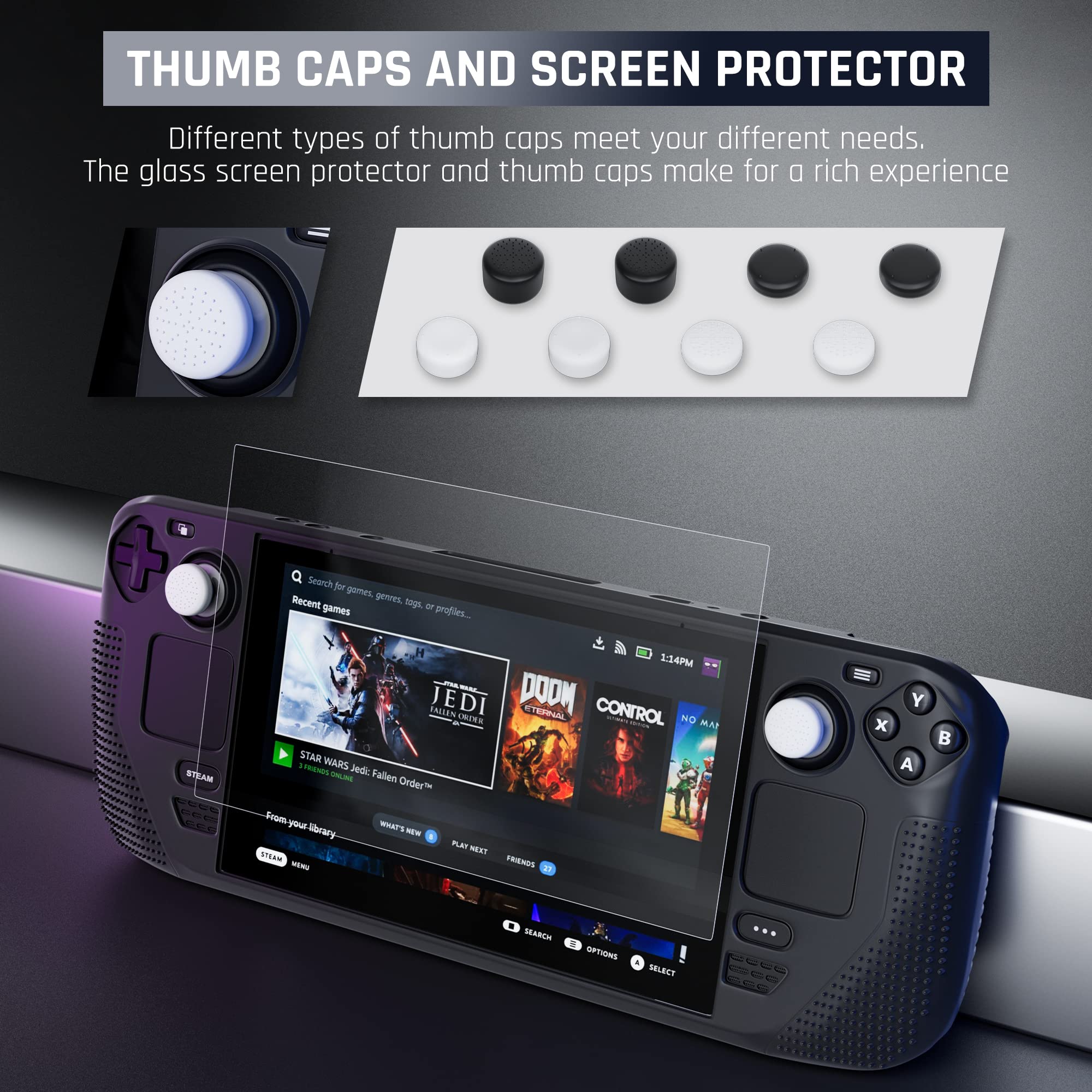 GLDRAM Case Kit for Steam Deck, Soft Silicone Cover Shock Absorption, Anti-Scratch, Ergonomic Grip Case for Steam Deck, Black Skin with 2Screen Protector,8 Thumb Caps, Full Protection Game Accessories