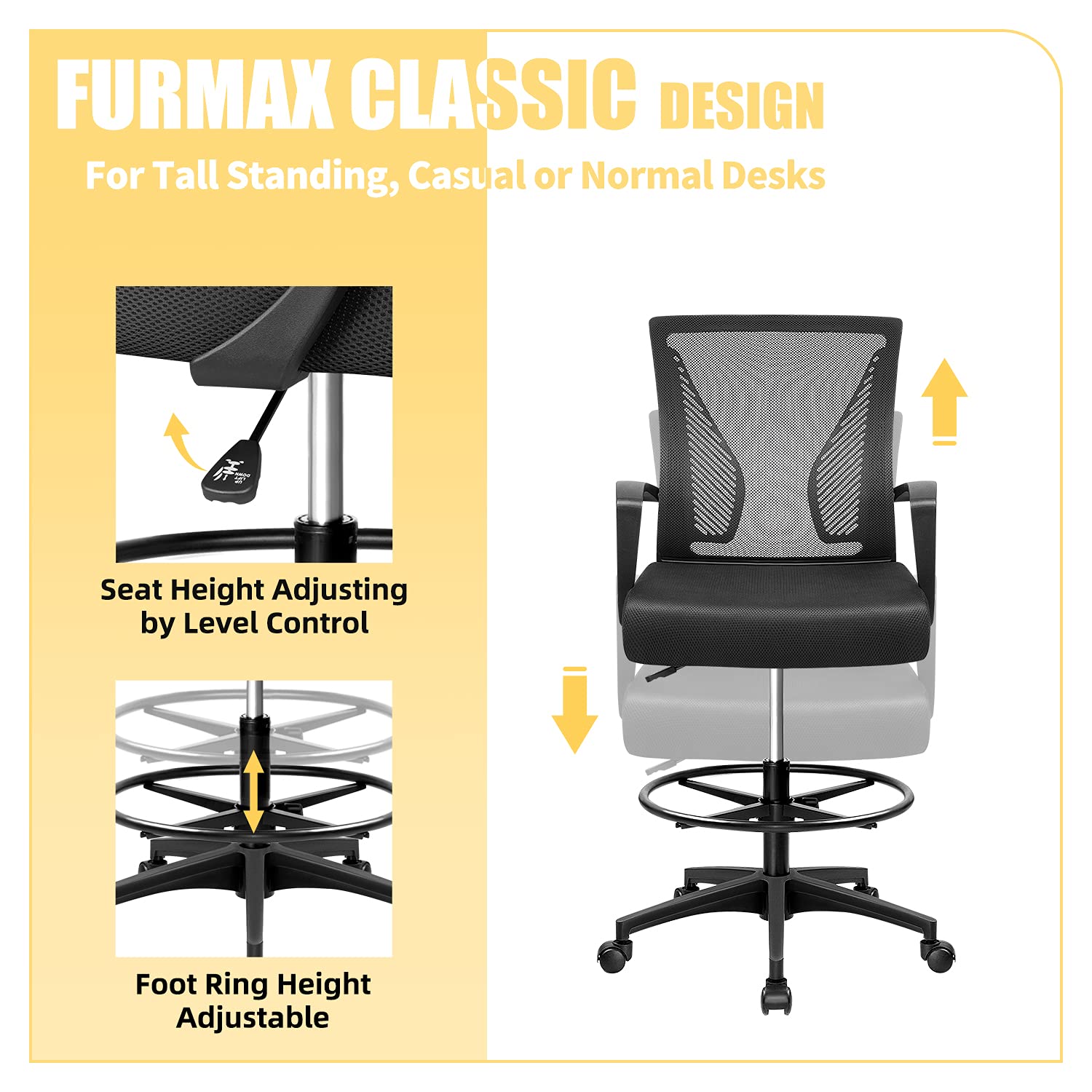 Furmax Drafting Chair Tall Office Chair with Ergonomic Back Drafting Table Chair Adjustable Standing Desk Chair with Footrest Ring and Arms