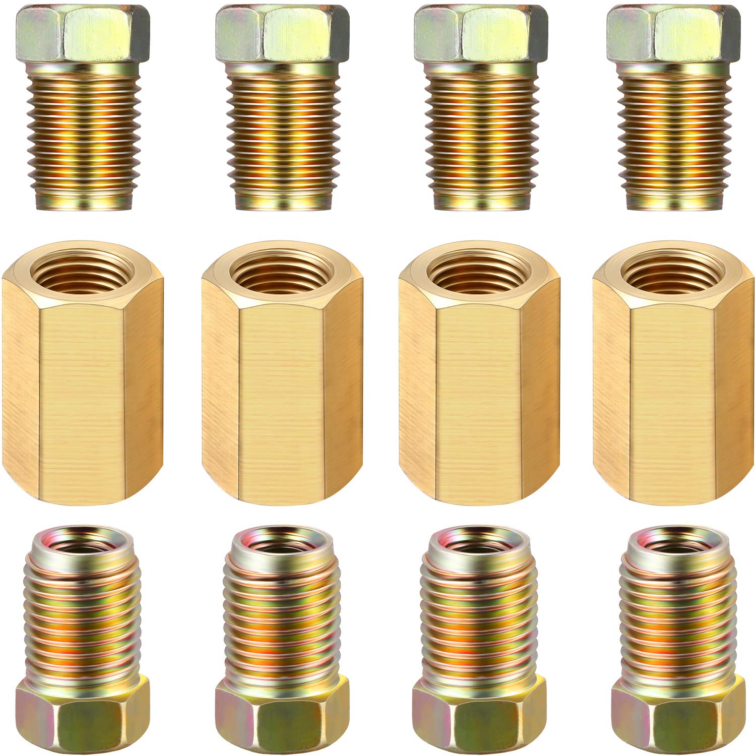 Frienda 12 Pieces 3/8 Inch-24 Threads Brake Line Fittings Assortment for 3/16 Inch Tube (4 Unions, 8 Nuts)