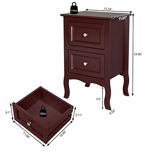 Royard Oaktree Upgraded Set of 2 Wooden Side Table with 2 Drawers Farmhouse Bedside Table with Storage for Bedroom Living Room,Brown