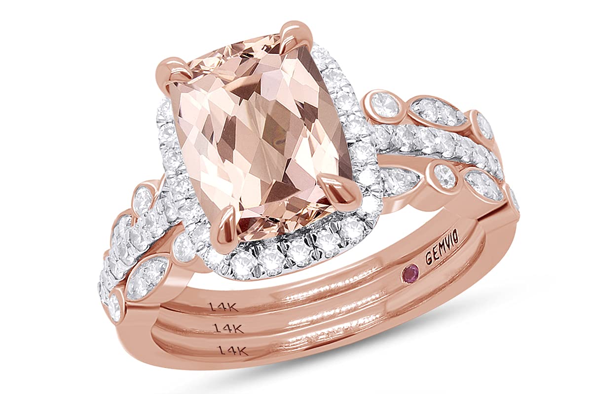 GEMVIO Collection 2 1/3 CT 7X9MM Cushion Cut Morganite Gemstone And Diamond Trio Ring Set in 14K Solid Rose Gold Engagement Anniversary Wedding Ring Set(2.34Cttw)
