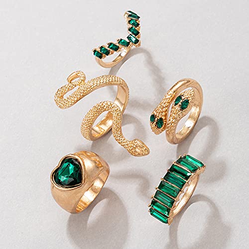 FUTIMELY Green Crystal Snake Rings for Women Teen Girls,Boho Retro Stackable Knuckle Joint Finger Rings Sets,Simple Midi Rings Gold Plated Statement Stacking Rings Pack (5pc)