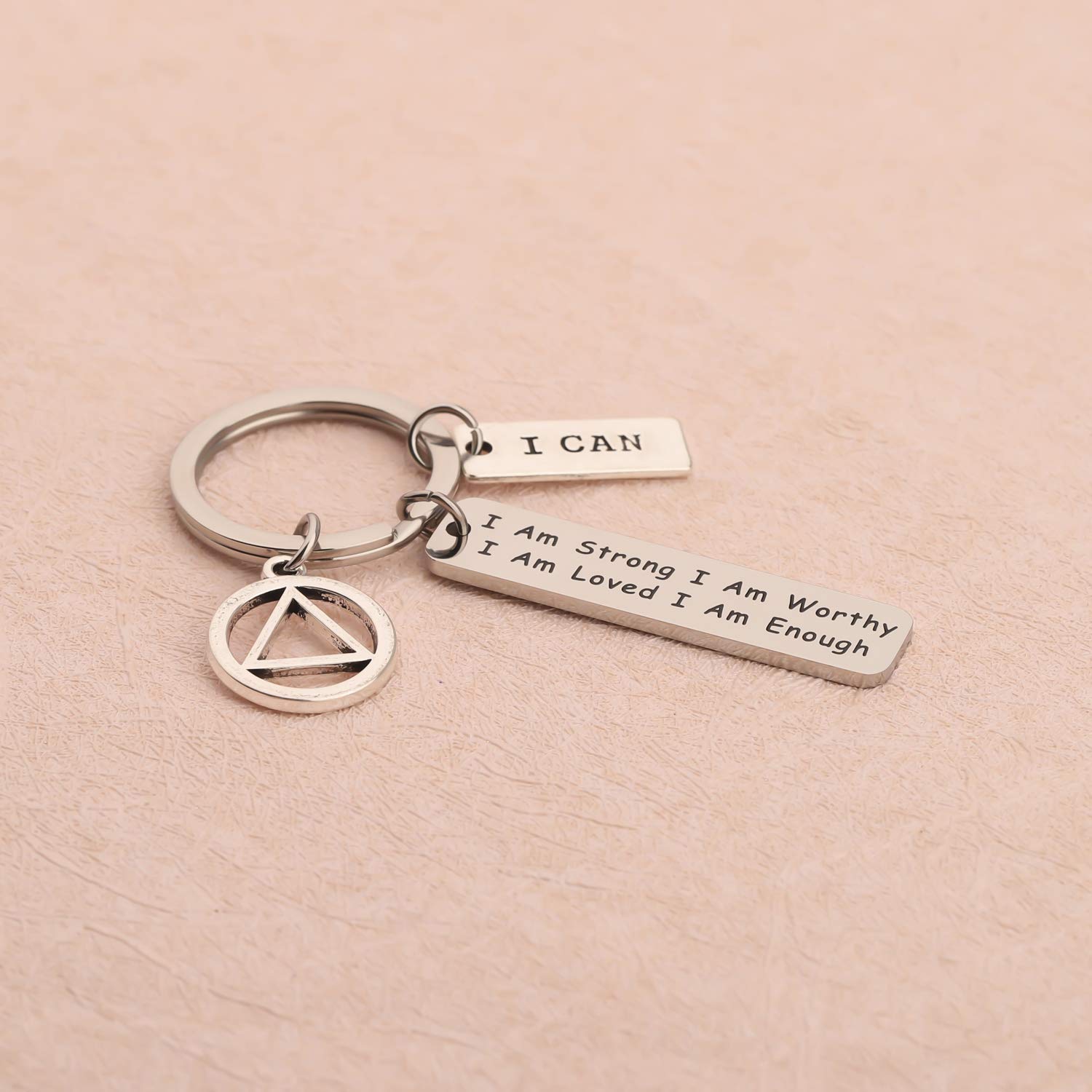 FUSTMW AA Symbol Keychain Sobriety Gifts Alcoholics Anonymous Gifts Addiction Recovery Jewelry I Am Strong I Am Loved I Am Enough New Beginnings Gift (silver)