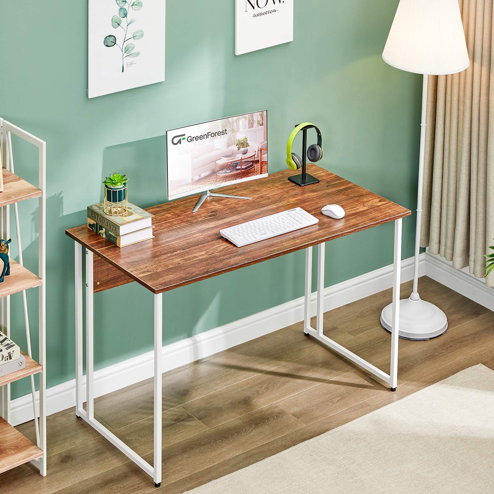 GreenForest 47" Computer Writing Desk, Small Study Desk for Small Spaces, Modern Simple Home Office Working Table for Bedroom and Domitory,with White Metal Legs, Walnut