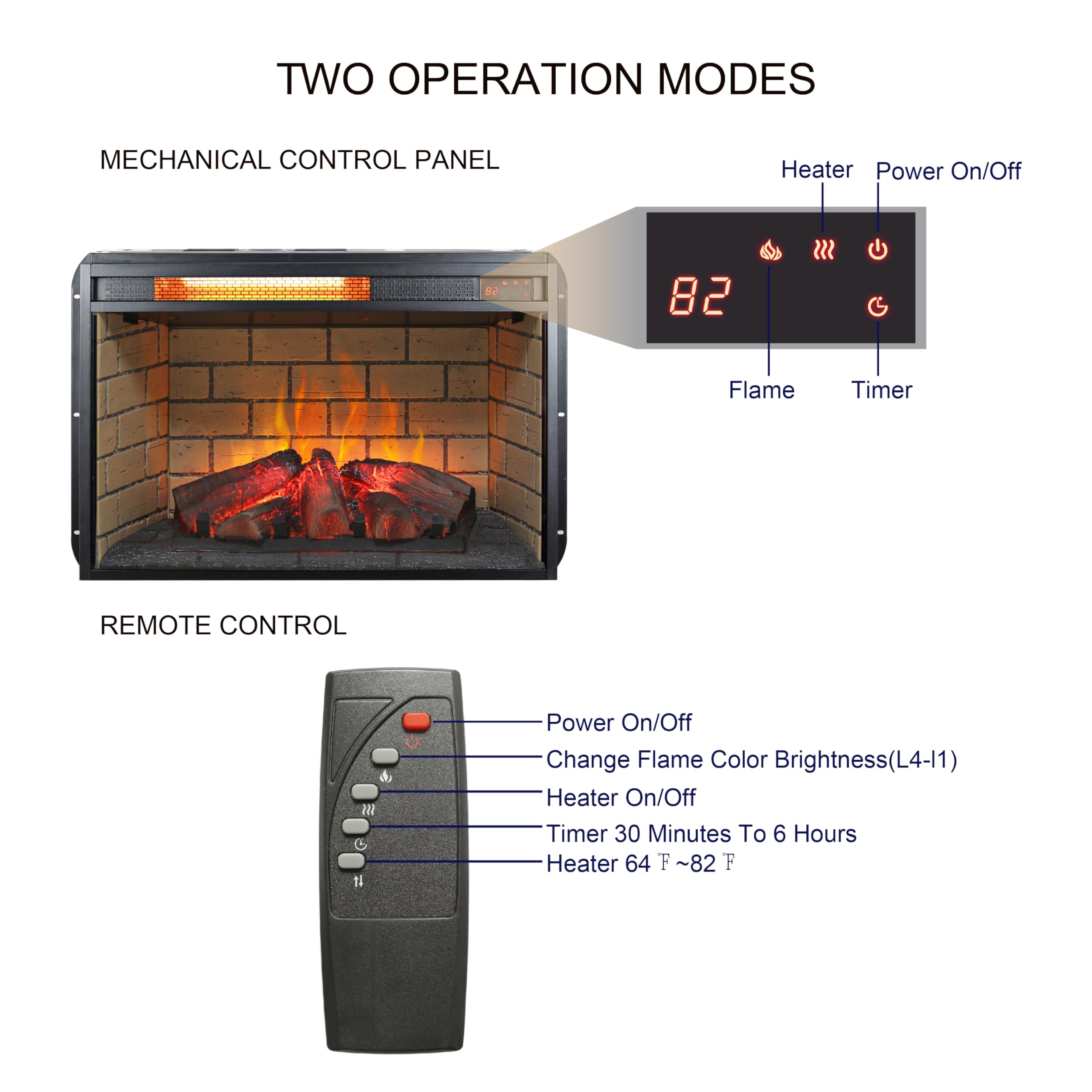 Freestanding or Wall Mounted Electric Fireplace with Adjustable Flame Color & Remote Control,Fireplace Insert,fire Places Electric Fireplace,Livingroom,Kitchen,Bedroom 36 Inch,Antique Black