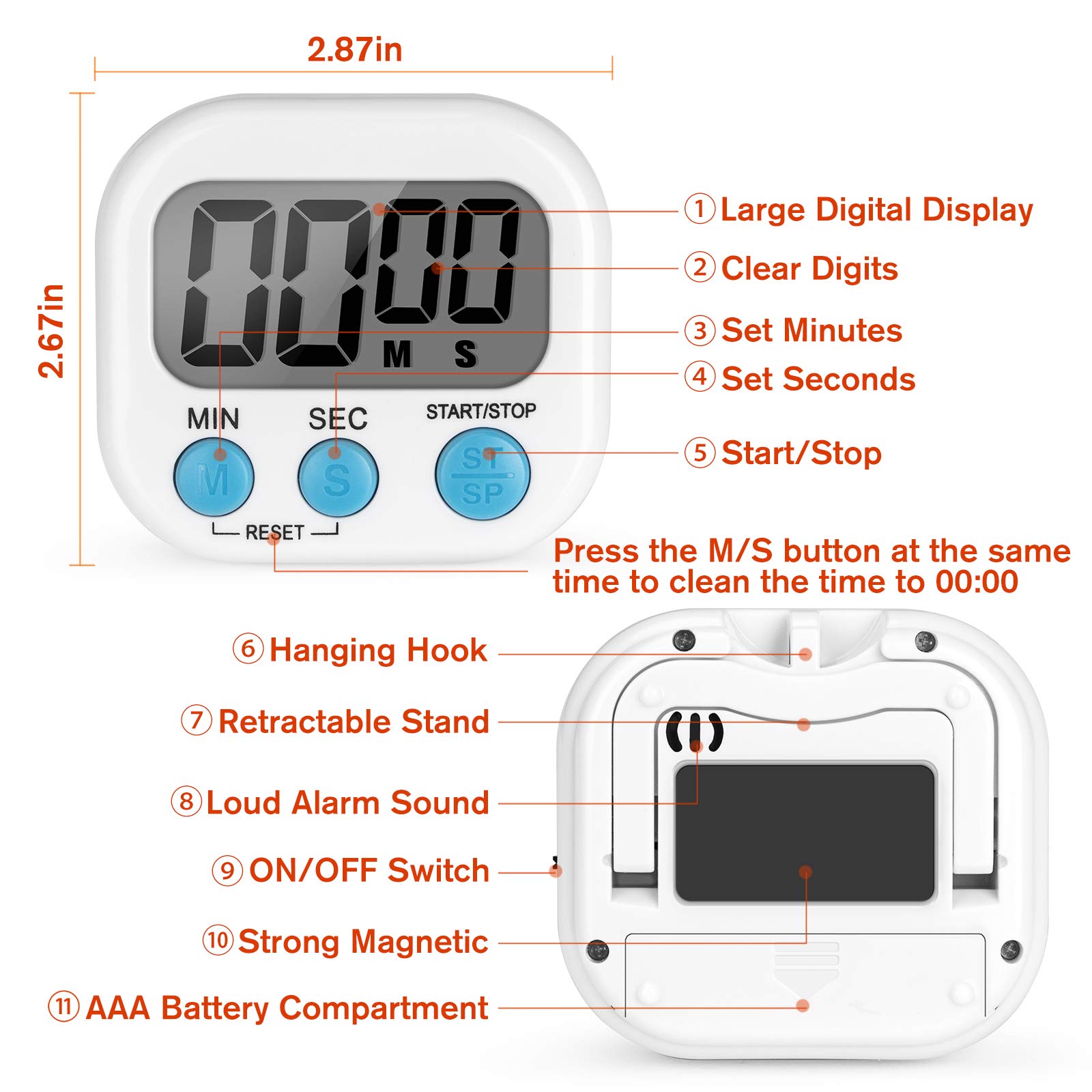 Kitchen Timer (Battery Included), Magnetic Digital Timers Loud Alarm Kitchen Timers for Cooking 2 Pack White, Upgrade Silent Classroom Timer for Kids, Back Stand for Visual Timer