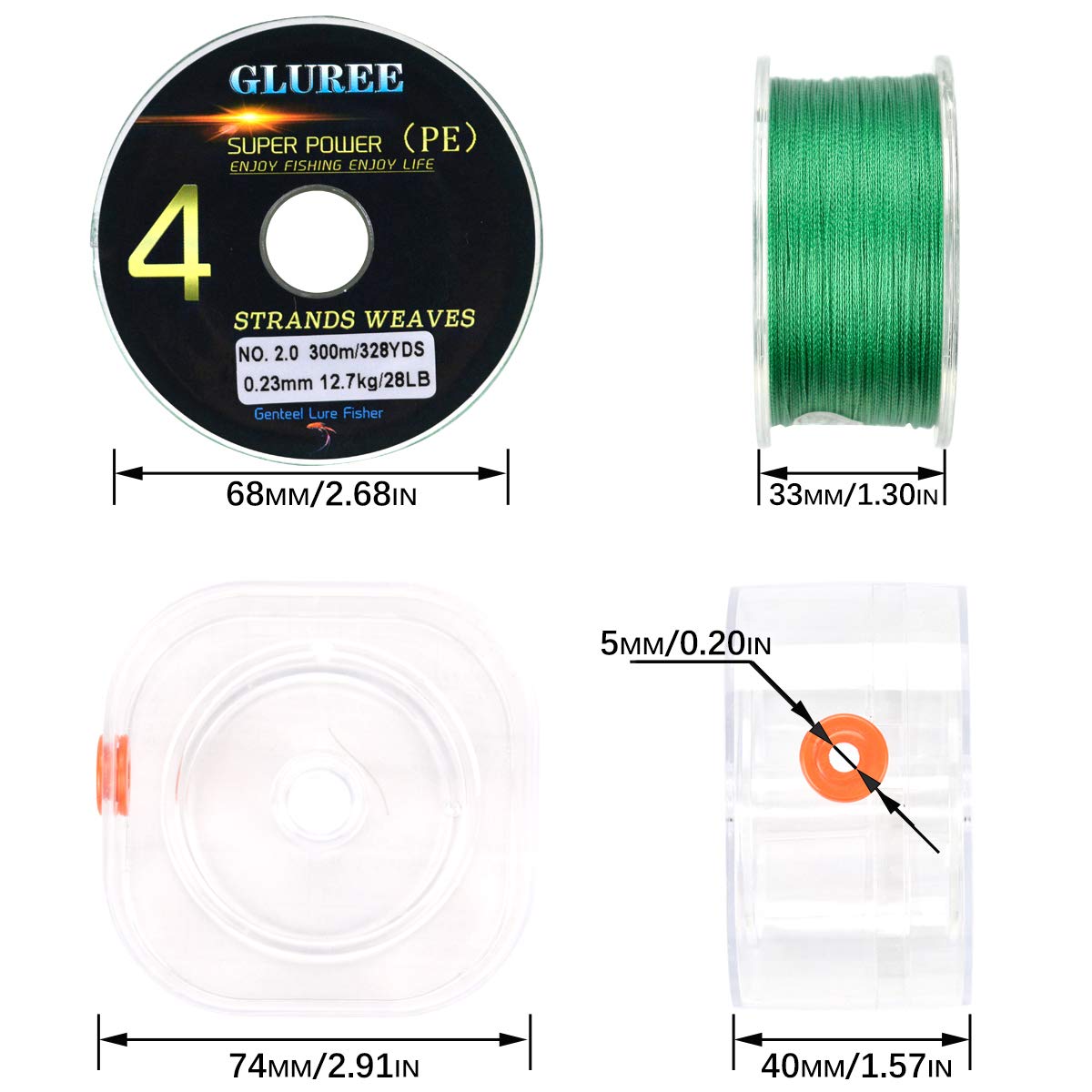 GLUREE 4 Stands Braided Fishing Line with Line Outlet Box (Multicolor Green, 0.6(12.0LB-0.0047in)-328Yds)