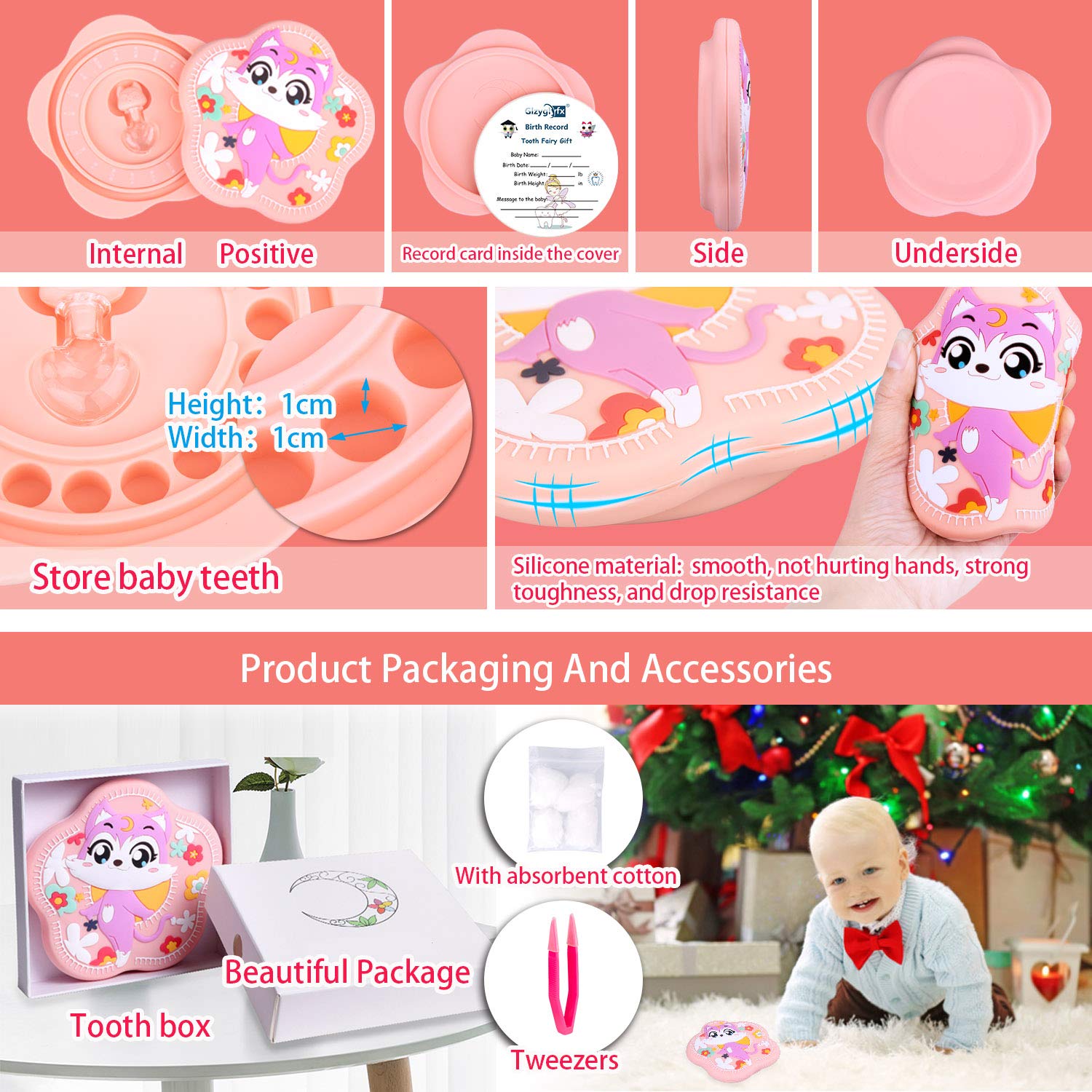 Glzyglyfx Baby Teeth Keepsake Box,Tooth Fairy,Lost Deciduous Tooth Collection Organizer,Cute Children Tooth Fetal Hair Umbilical Container,Saving Baby Teeth (Pink)