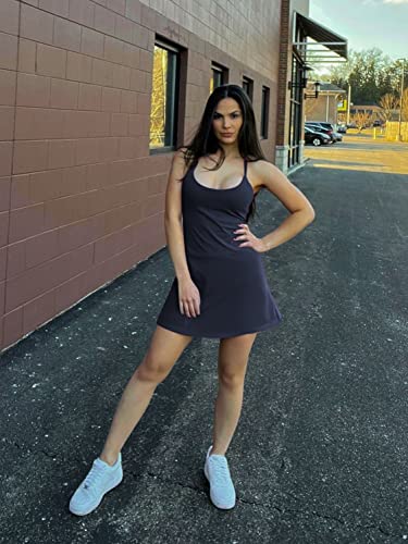 GYM RAINBOW Women's Built-in Bra Workout Dress Adjustable Straps Exercise Tennis Dress with Biker Shorts(#1 Navy,Medium)
