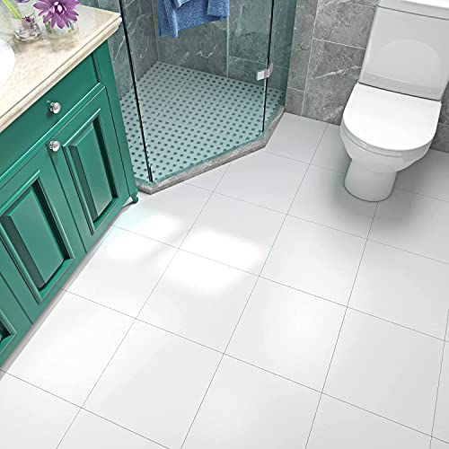 FunStick White Floor Tiles Peel and Stick Waterproof 12x12 In 15 Pcs White Vinyl Flooring Peel and Stick Bathroom Floor Tile Stickers Removable Stick on Laminate Linoleum Flooring for Kitchen Basement