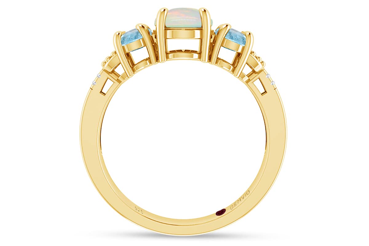 GEMVIO Collection Three Stone Design,Centre 6X8MM Oval Cut Natural Opal & 4X6MM Side Natural Swiss Blue Topaz With Diamond Accent Engagement Ring In 14K Yellow Gold Over Sterling Silver(2 Cttw)-7
