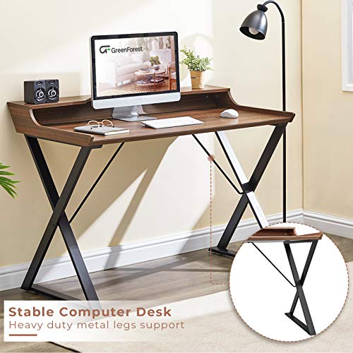 GreenForest Computer Desk with Hutch 47" Home Office Writing Desk Modern Style Study Working Table Laptop PC Workstation, with Heavy Duty Metal Frame and Wooden Desktop,Walnut