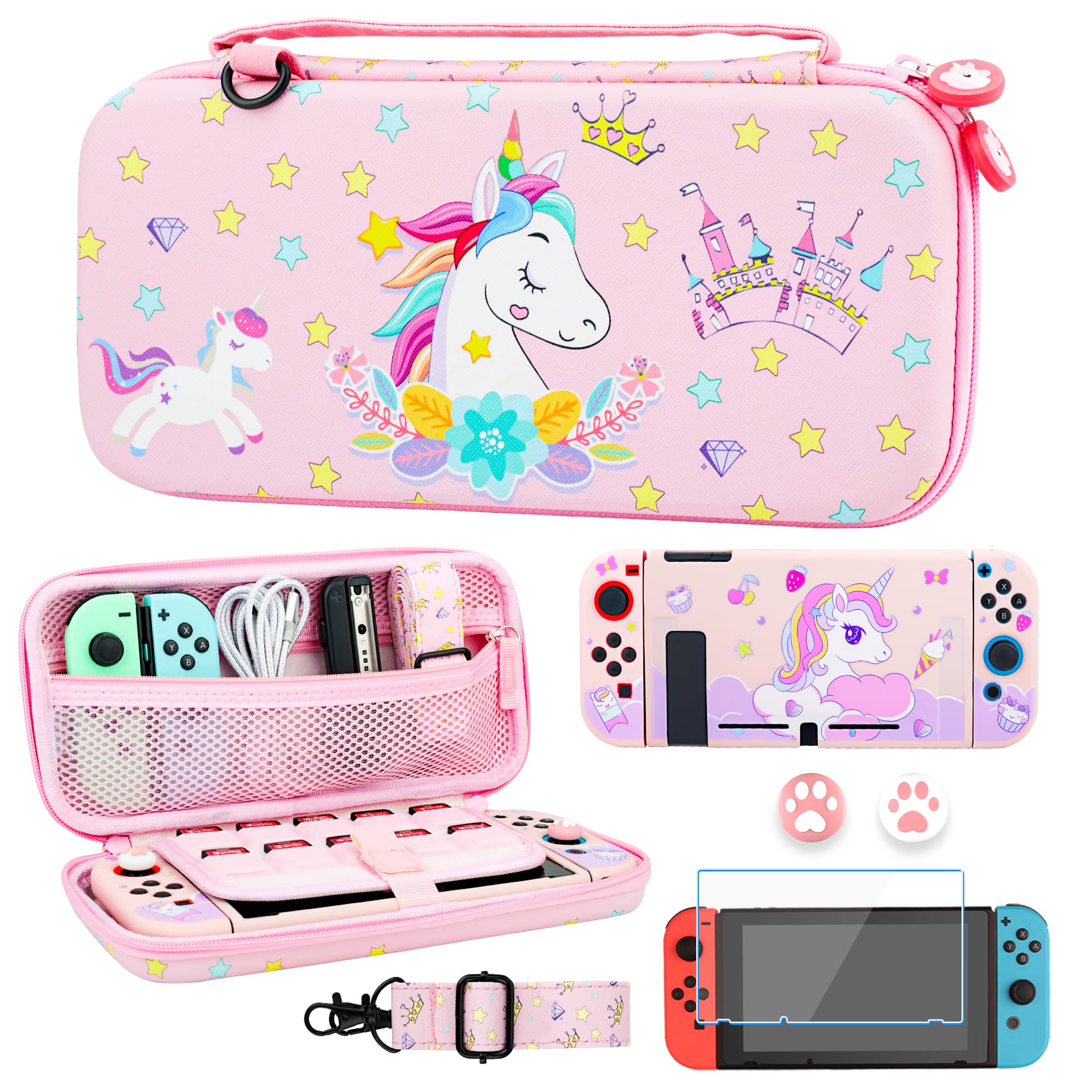 GLDRAM Unicorn Case for Nintendo Switch Accessories, Pink Carrying Case Bundle with Travel Bag, Soft TPU Cover, Screen Protector, Paw Thumb Grip Caps, Shoulder Strap, Cute Switch Kit for Girls