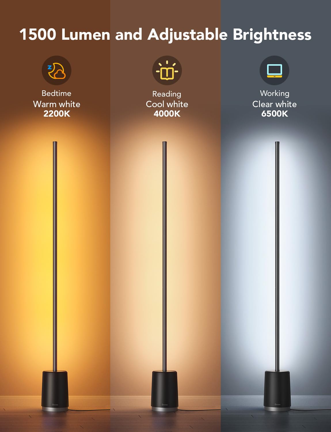 Govee RGBIC Floor Lamp, Modern LED Lyra Corner Lamp with 64+ Scene & Music Modes, 1500 Lumens, DIY Mode, Smart Remote Control Standing Floor Lamp for Bedroom, Living Room, Gaming Room, Black