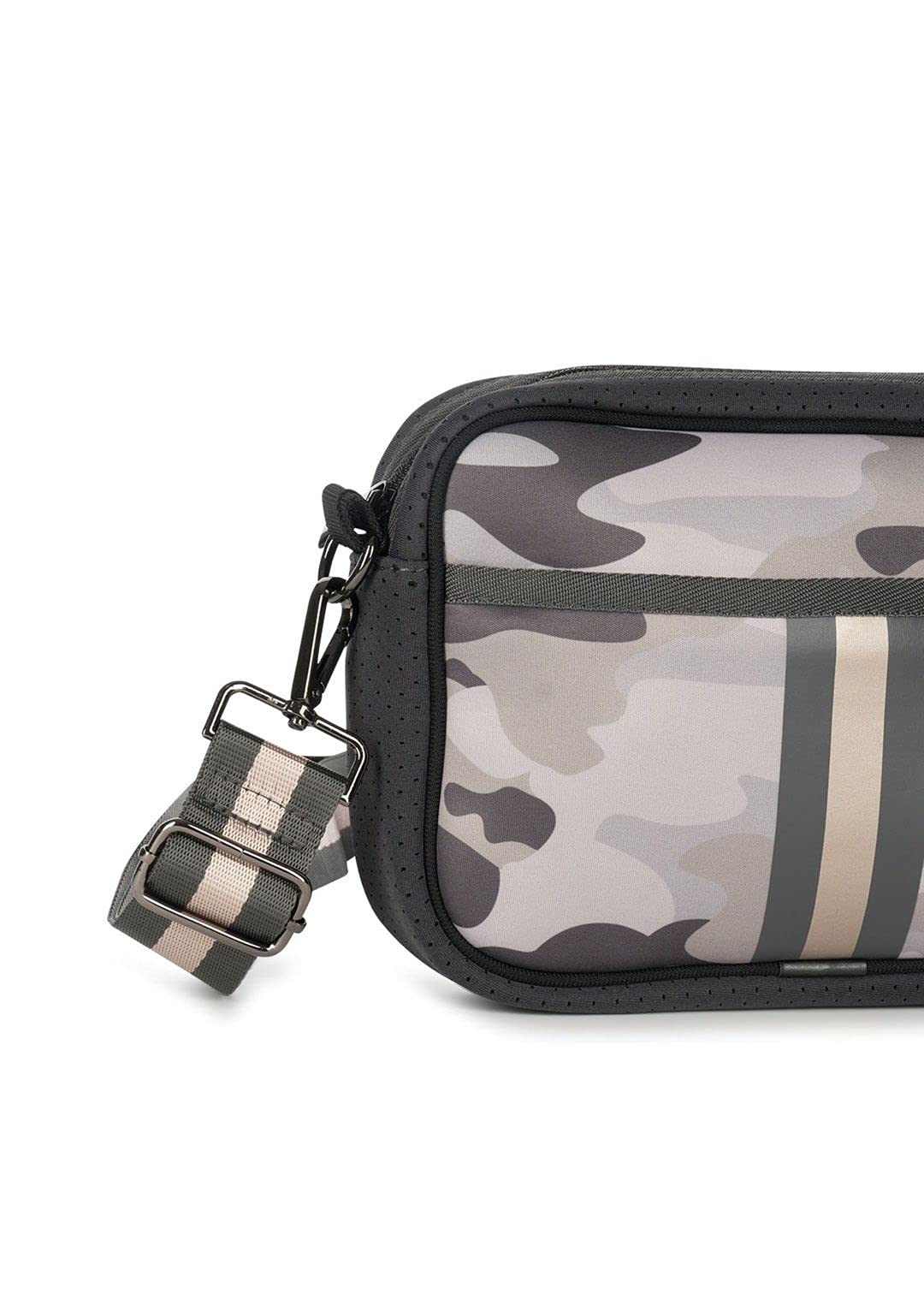 Haute Shore - Drew Safari Crossbody Tote, Taupe Camo W/Charcoal & Rosegold Stripe