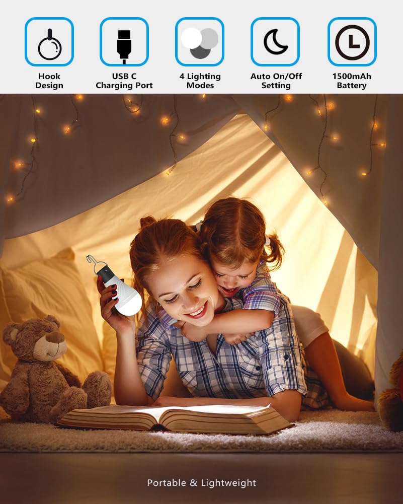USB Rechargeable Light Bulb Auto On Off Light Bulbs, 4 Light Modes, 1500mAh Rechargeable LED Camping Lights for Camping, Hiking, Emergency, Backpacking, Fishing, 2 Packs