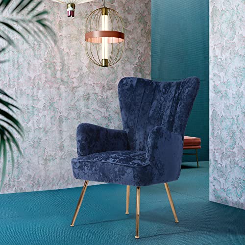 FurnitureR Velvet Living Room Chair Upholstered with Soft High Wing Back Leisure Reading Seat with Armrest for Corner Apartment, Dark Blue