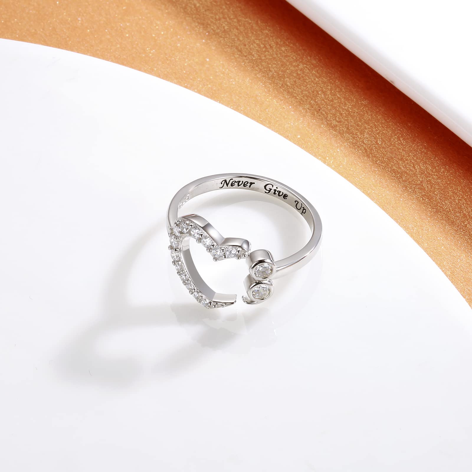 Heart Semicolon Ring 925 Sterling Silver Adjustable Engraved Never Give Up Jewelry for Suicide Survivors Depression Awareness Inspirational Gift for Women