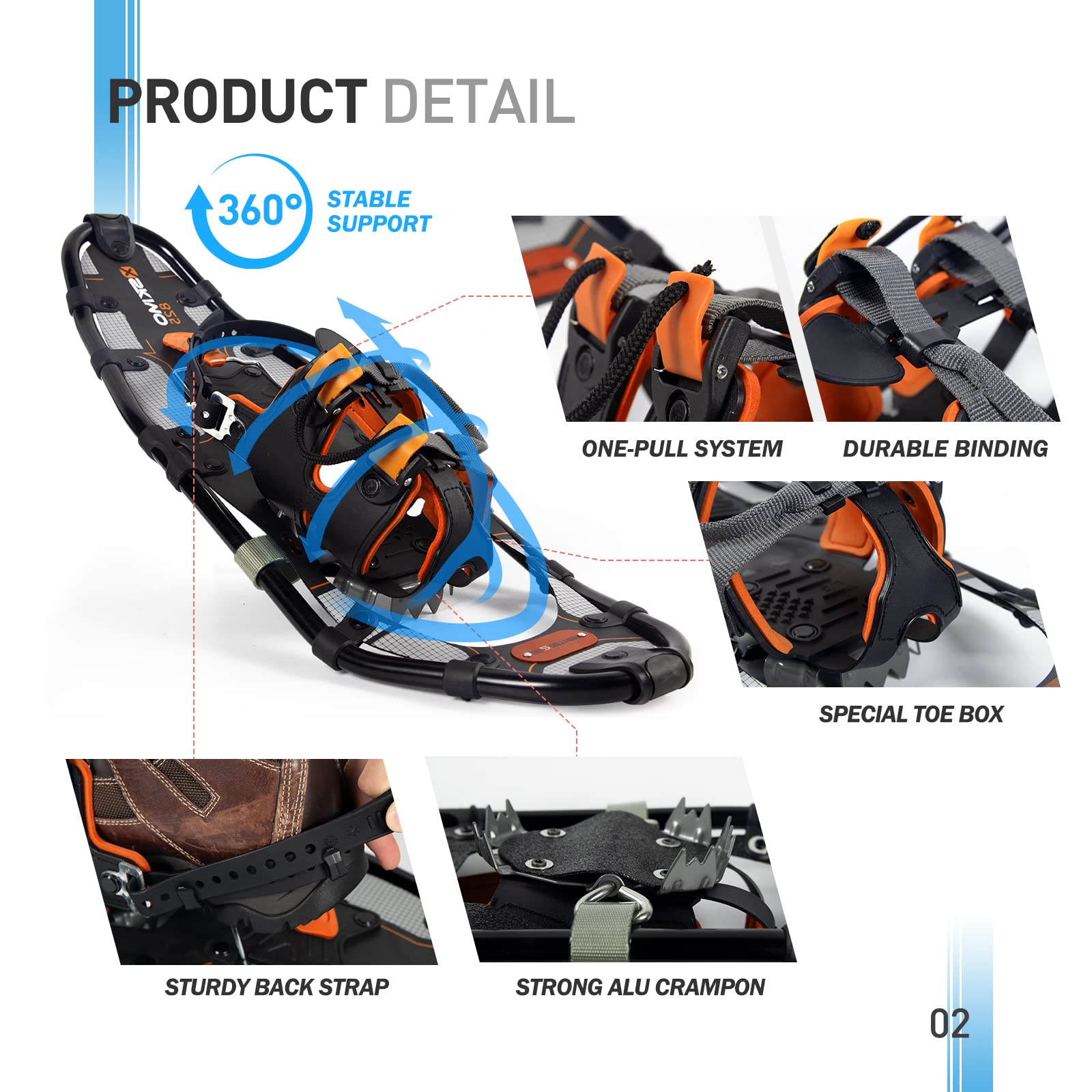G2 30 Inches Light Weight Snowshoes for Women Men Youth, Set with Trekking Poles, Carrying Bag, Snow Baskets, Special EVA Padded One-Pull Binding, Heel Lift, Toe Box, Orange