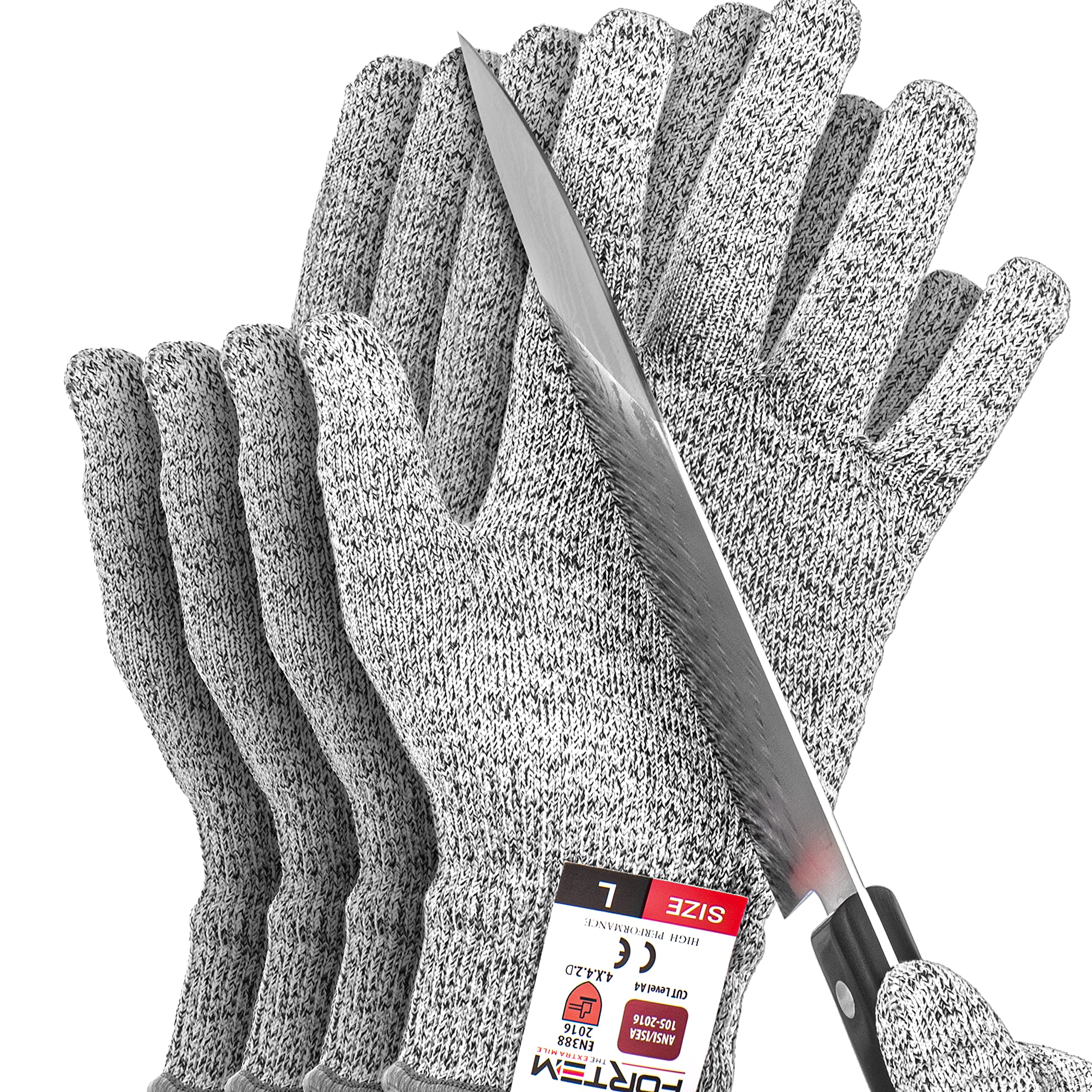 FORTEM Cut Resistant Work Gloves, 4 Gloves, Level 5 Protection, Food Grade, EN388 Certified, Protective, Durable Grip PU Coated Palm (Medium)