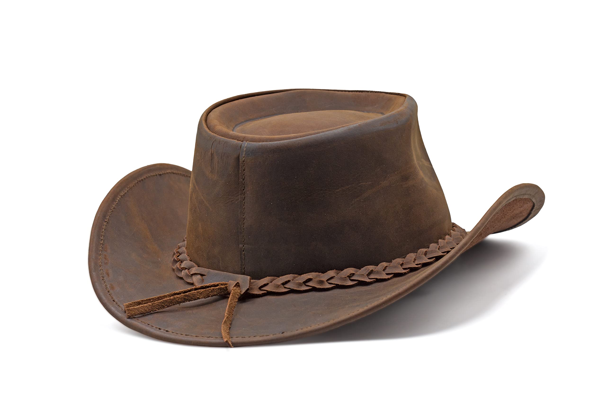 HADZAM Block Made of Grain Leather Cowboy hat for Men & Women Shapeable into Outback hat Great for Western Vintage Looks. Red Brown