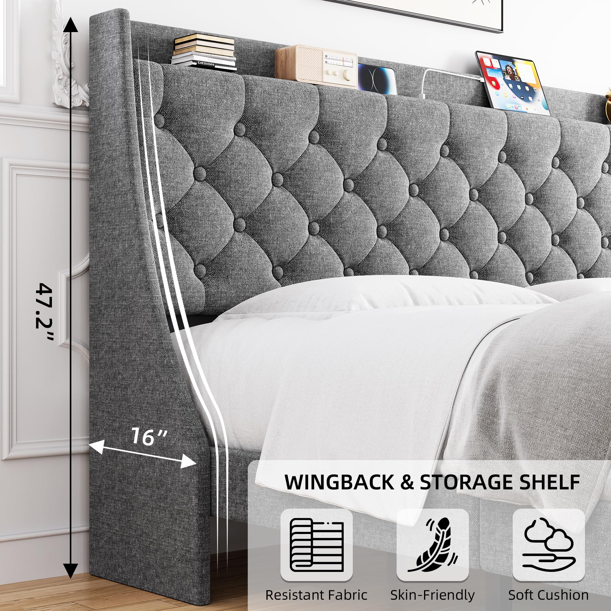 GaoMon King Size Bed Frame with Charging Station and Storage Shelf, Upholstered Platform Bed with Headboard and Wingback, Button Tufted Design, No Box Spring Needed, Easy Assembly, Beige