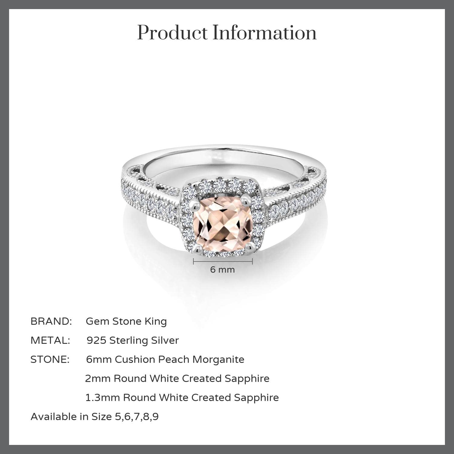 Gem Stone King 925 Sterling Silver Peach Morganite and White Created Sapphire Women Ring (1.40 Cttw, Cushion 6MM, Available in size 5, 6, 7, 8, 9)