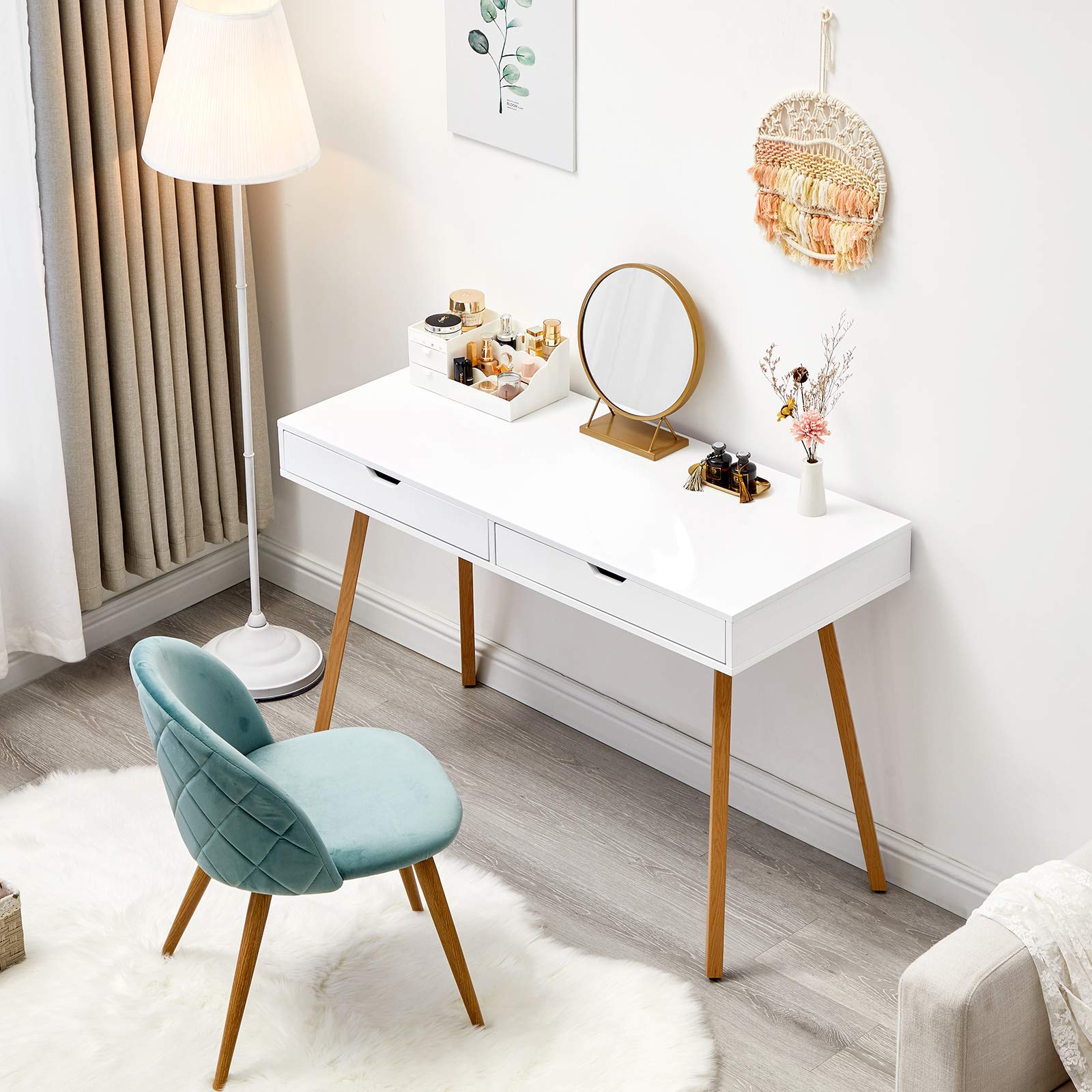GreenForest Vanity Desk 39 inch Computer Writing Desk with Glossy White Tabletop and 2 Drawers Modern Bedroom Makeup Table Home Office Desk