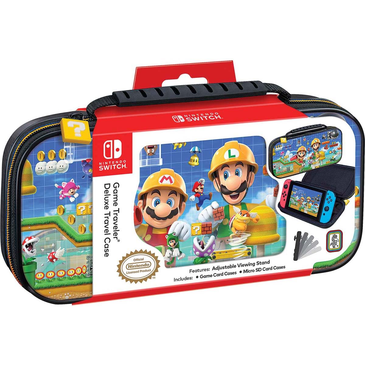 Game Traveler Nintendo Switch Super Mario Case - Adjustable Viewing Stand & Game Case Storage , Protective Vinyl Hard Shell Case with Deluxe Carry Handle - Nintendo Switch