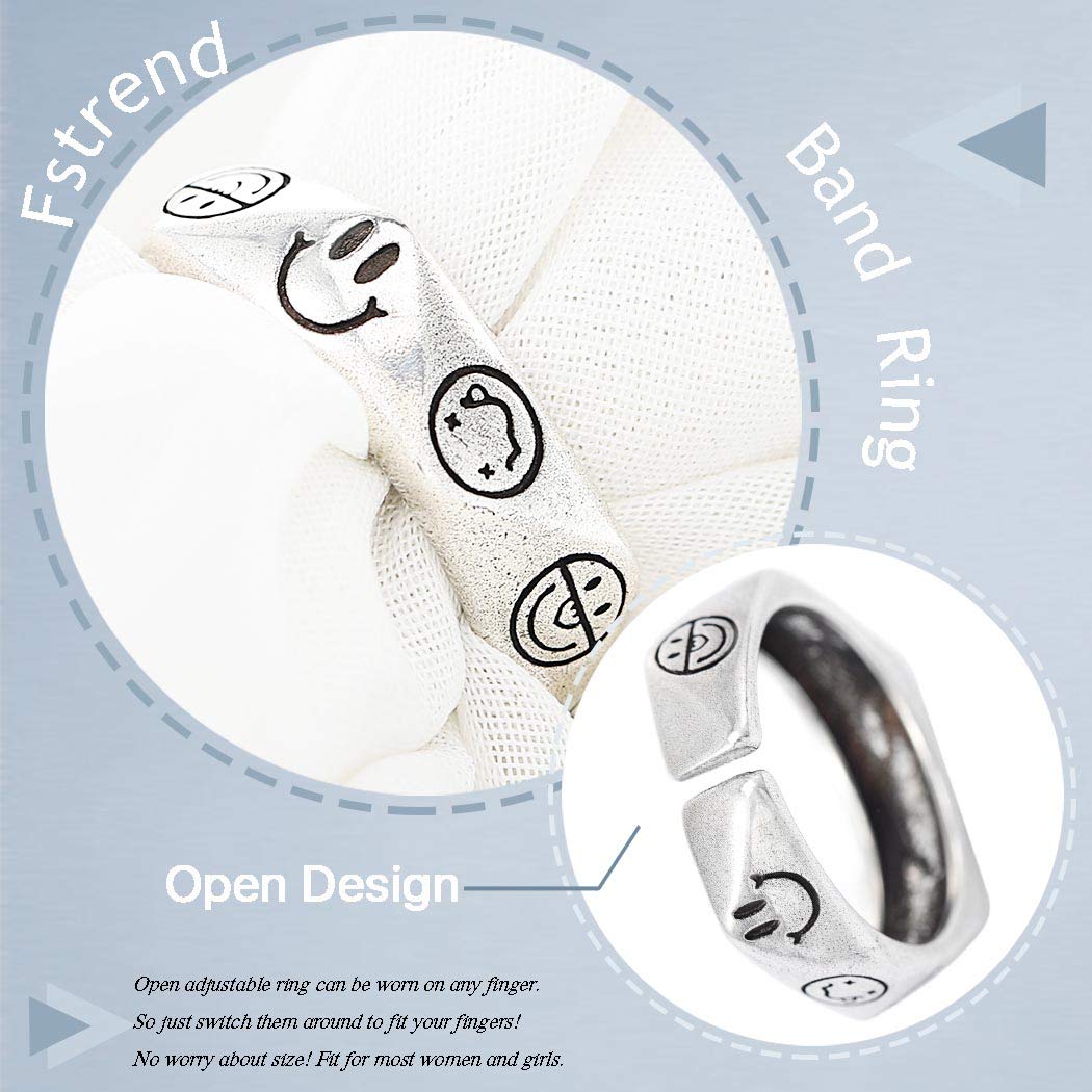Fstrend Smily Face Ring Retro Silver Stainless Steel Rings Vintage Smiling Statement Band Adjustable Open Ring Jewelry for Women and Girls