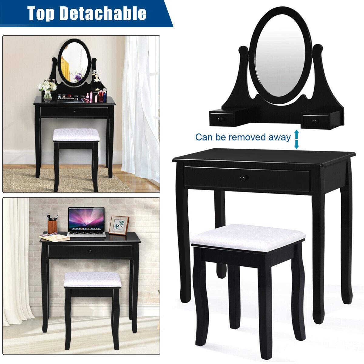 GOFLAME Vanity Dressing Table Set with Cushioned Stool & 360° Adjustable Mirror, Multifunction Makeup Dressing Table Writing Desk with 3 Drawers, for Home Office, Contemporary Vanity Tables (White)