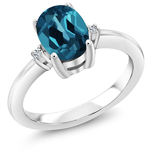 Gem Stone King 1.34 Ct Oval London Blue Topaz White Topaz 925 Sterling Silver Engagement Ring (Size 8)