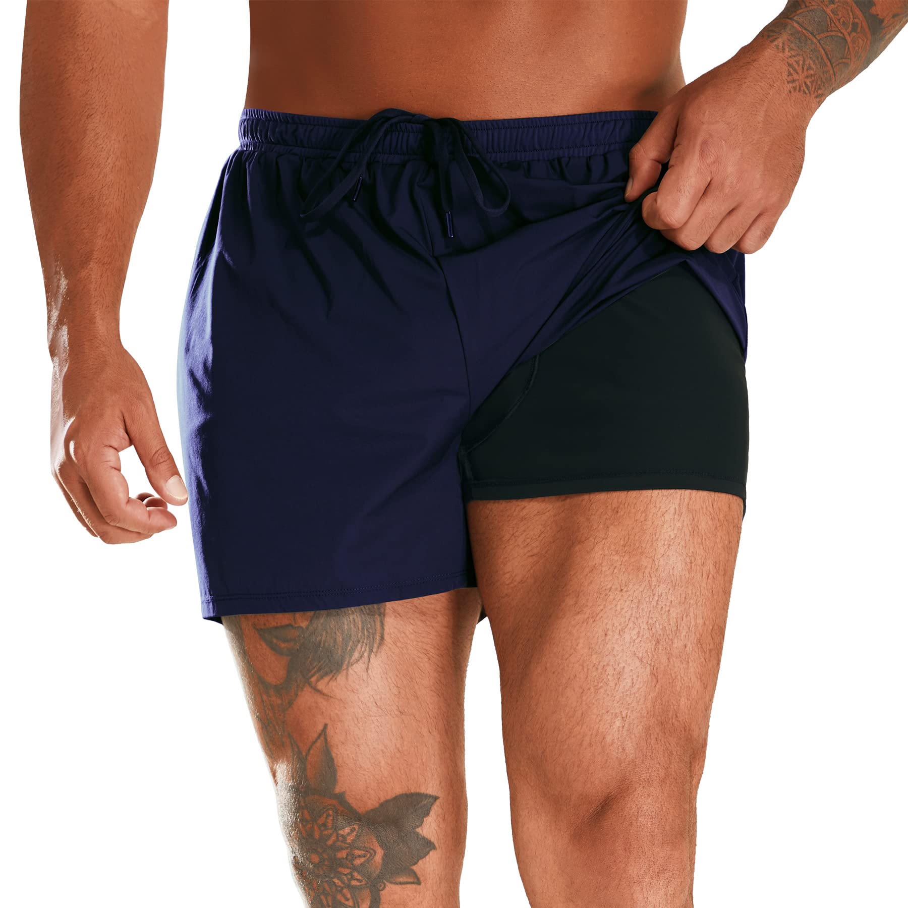 HAENPISY Mens Workout Shorts with Compression Liner Quick Dry Lightweight 2 in 1 Athletic Running Shorts Back Pocket(Small, Navy)