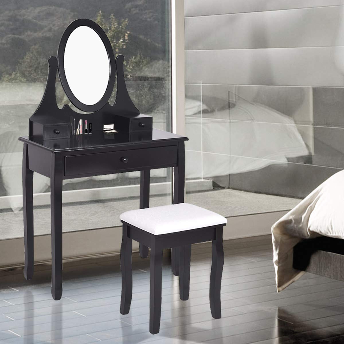 GOFLAME Vanity Dressing Table Set with Cushioned Stool & 360° Adjustable Mirror, Multifunction Makeup Dressing Table Writing Desk with 3 Drawers, for Home Office, Contemporary Vanity Tables (White)