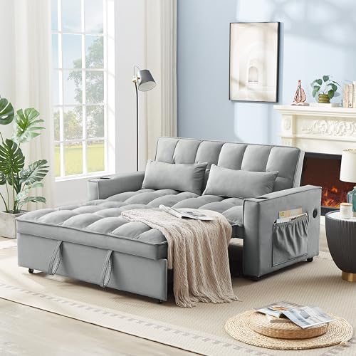 FULife Convertible Loveseat Sofa Futon Couch Sleeper Pullout Chaise Lounge Recliner Chair Reversible Folding Daybed Guest Bed, Gray 63.78" w