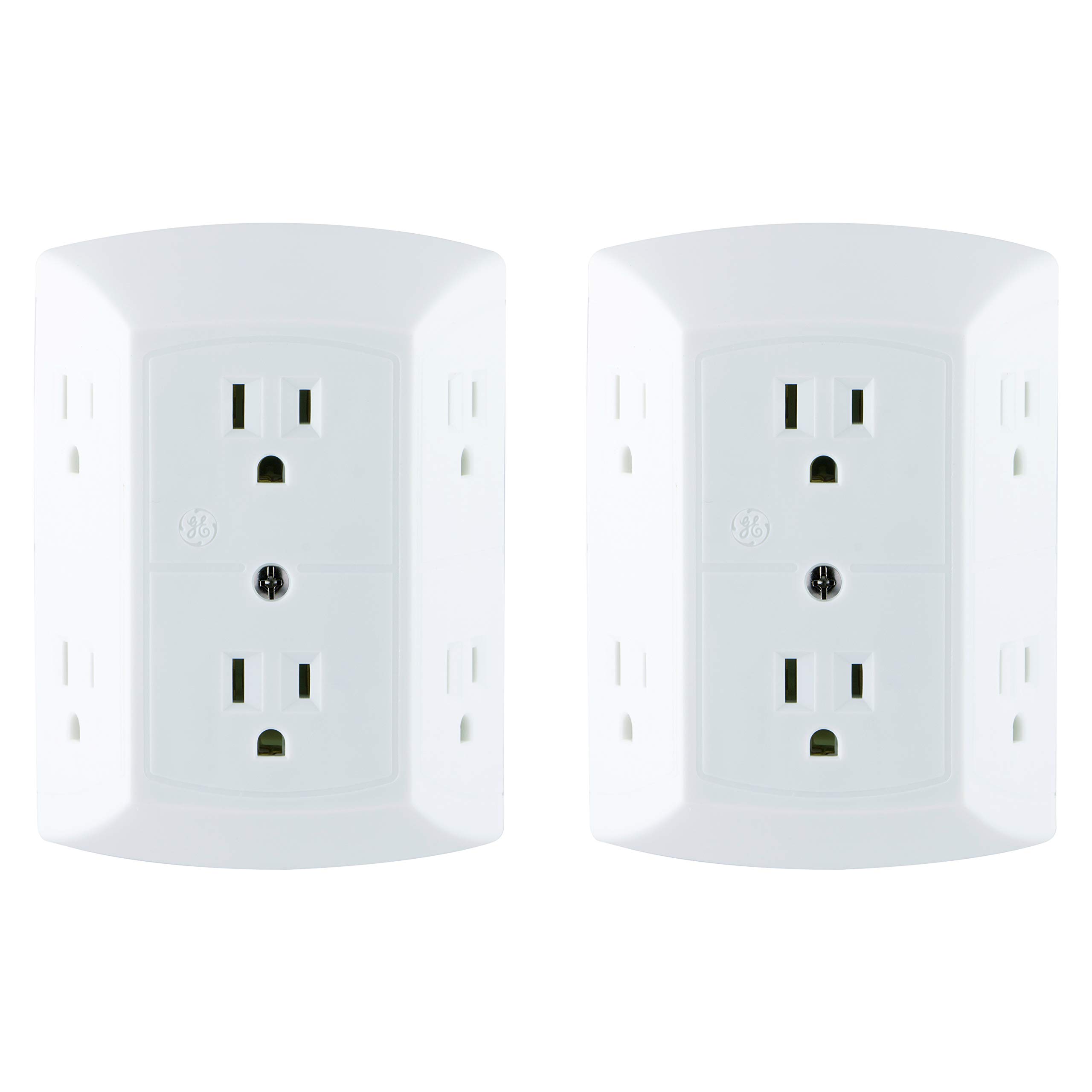 GE 6-Outlet Extender, 2 Pack, Grounded Wall Tap, Adapter Spaced Outlets, 3-Prong, Multiple Plug, Quick and Easy Install, Cruise Essentials, UL Listed, White, 40222