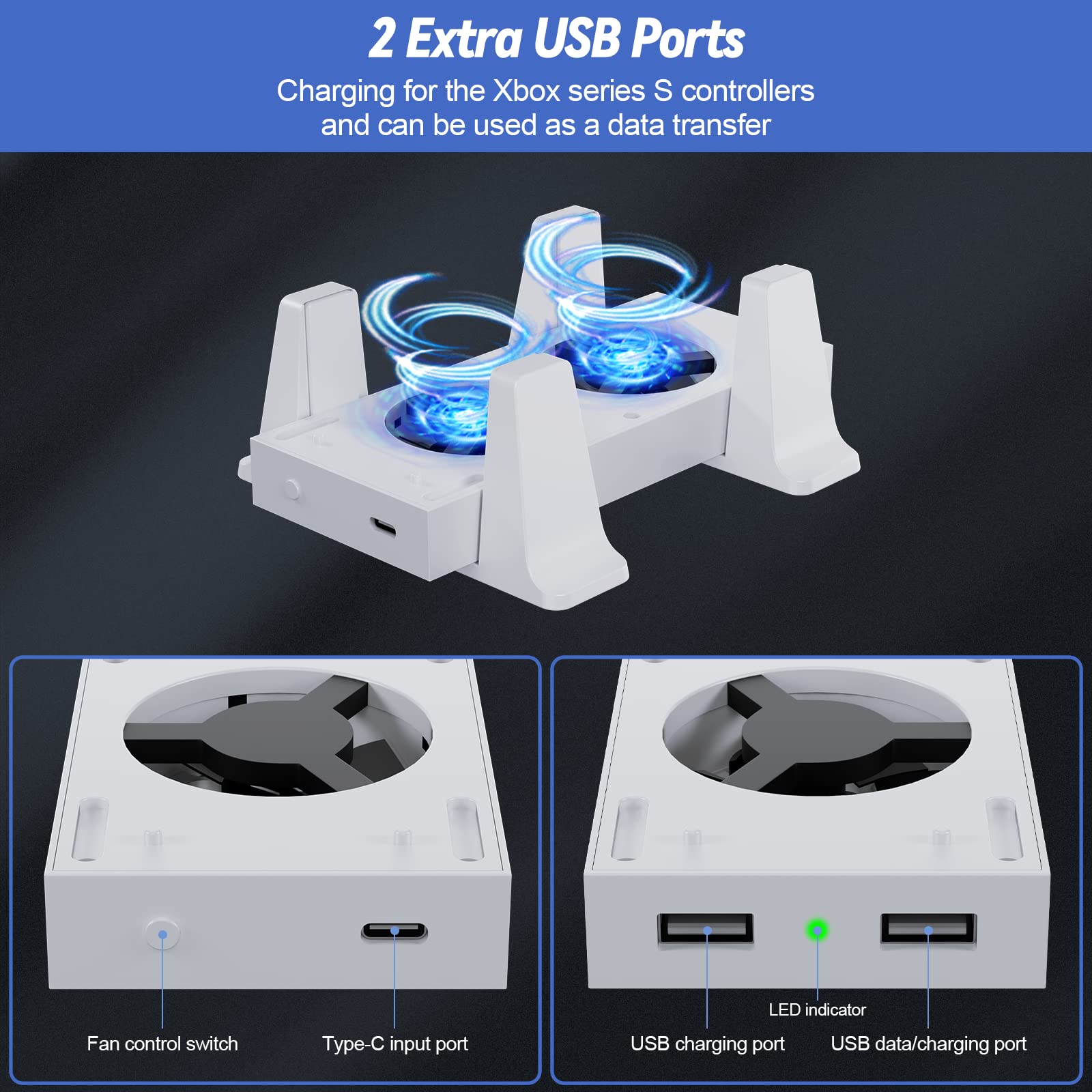 Narati Cooling Fan with Headset Holder for Xbox Series S, Dual Purpose Stand Fan Cooling Dock Station, High Speed Fan Cooler System, 3 Level Adjustable Speed & 2 Extra USB Ports(Only for Series S)