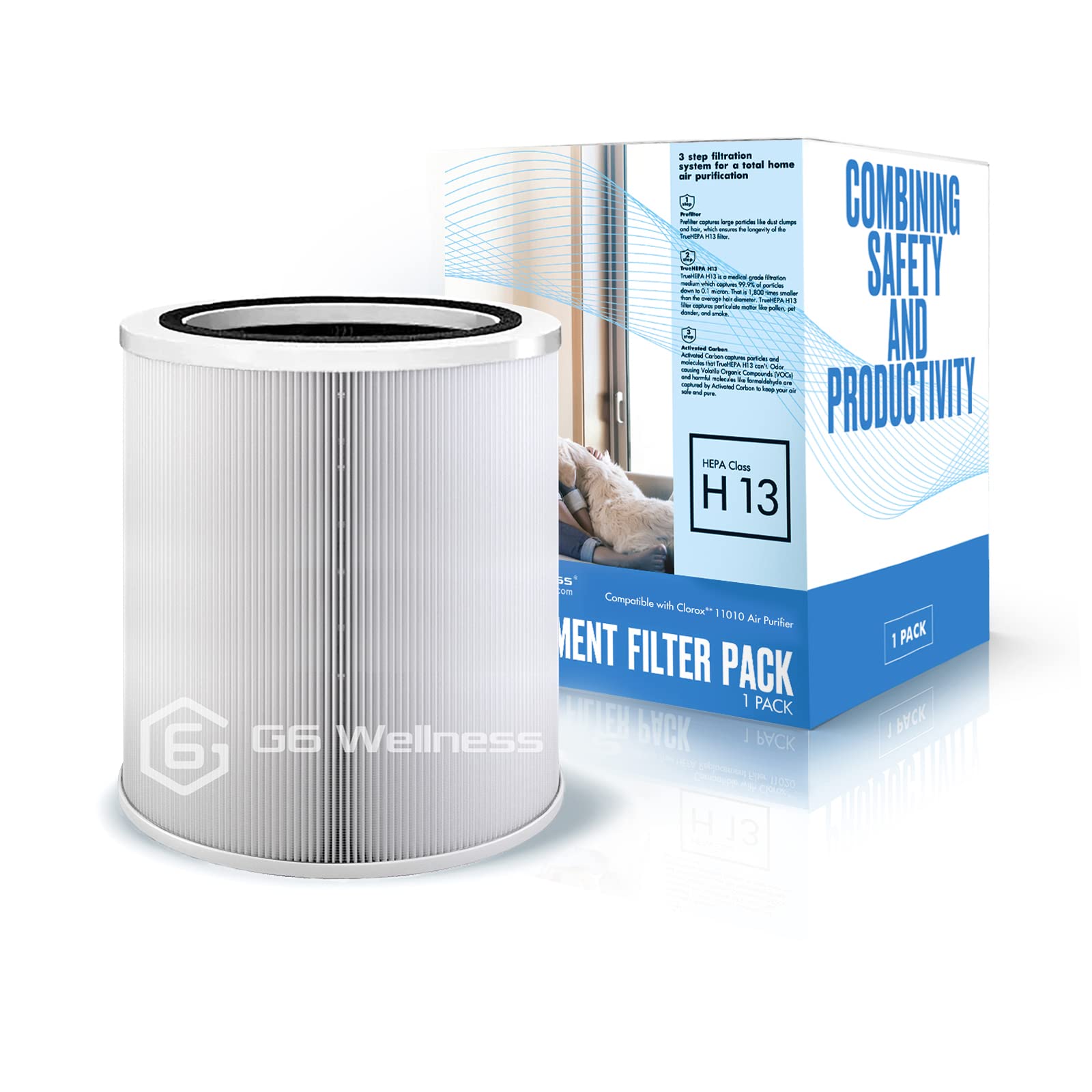 G6 Wellness H13 HEPA 1-Pack Replacement Filter Set Compatible with Clorox 11010 Air Purifier | 3 in 1 Filtration | Medical Grade True HEPA Filter H13 | Activated Carbon | Pre-Filter | 99.9% removal