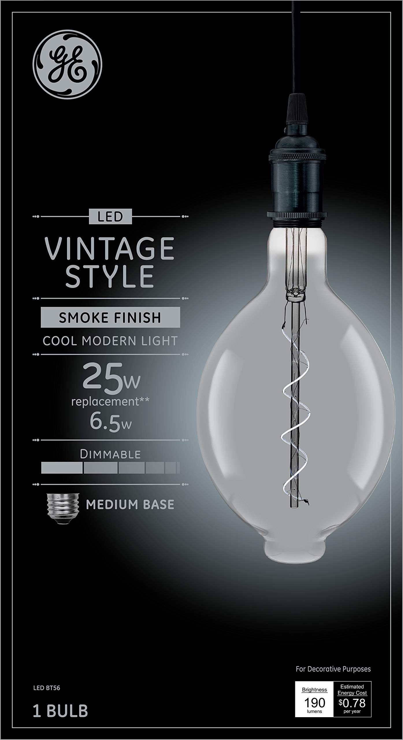 GE Lighting Vintage Style LED Light Bulb, 6.5 Watts (25 Watt Equivalent) Cool Modern Light, Smoke Glass, Medium Base, Dimmable (1 Pack)