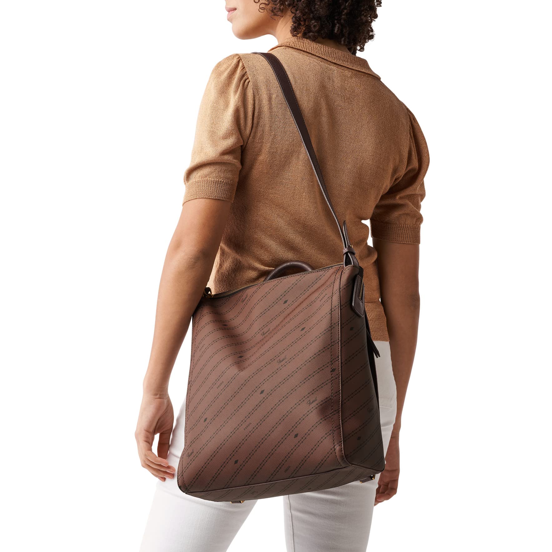 Fossil Women's Parker Faux Leather Convertible Large Backpack Purse Handbag, Black/Brown Signature Print