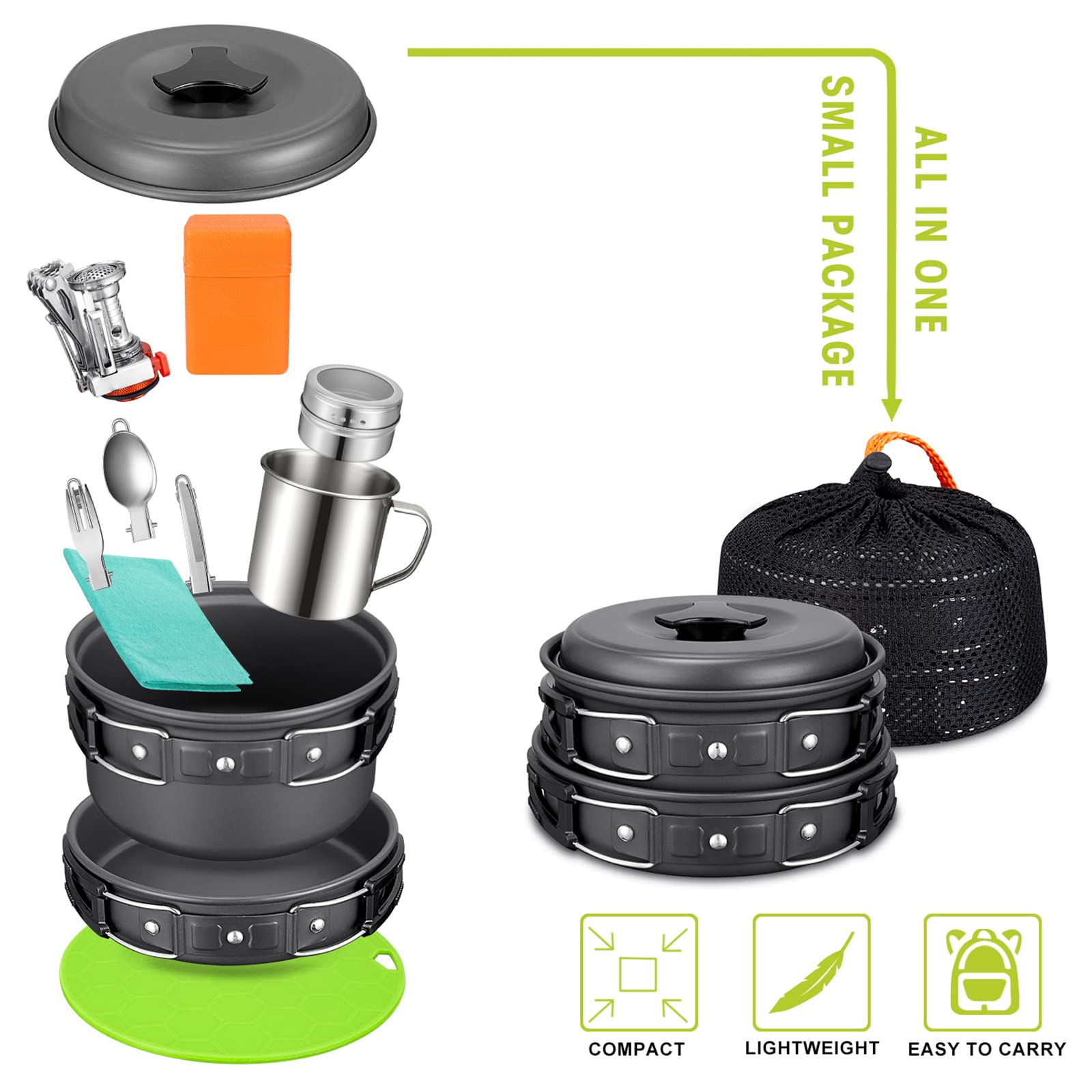 G4Free 12PCS Camping Cookware Mess Kit, Lightweight Cooking Pot Pan Kettle Fork Knife Spoon Kit for Backpacking, Outdoor Camping Hiking and Picnic